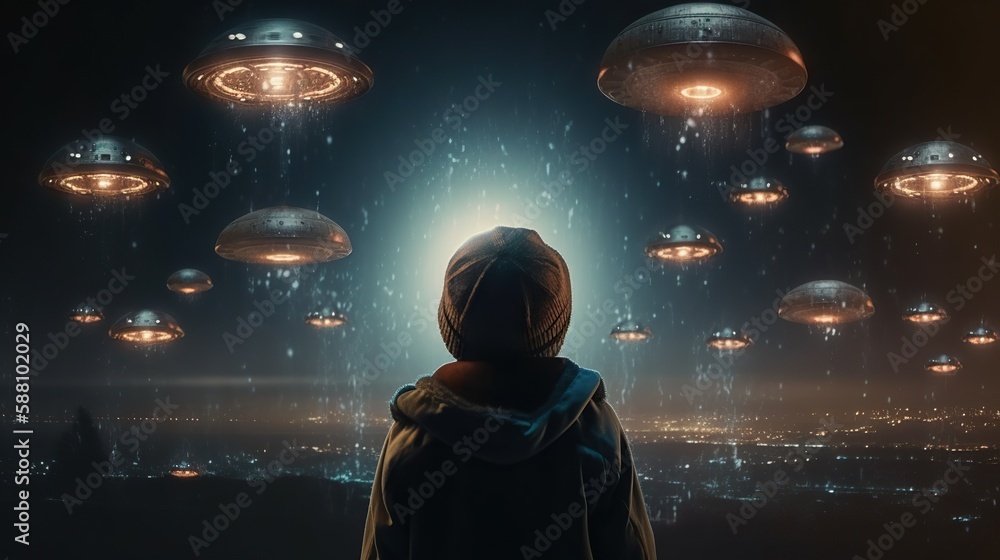 Back view of little boy looking at alien invasion, many UFO flying in ...