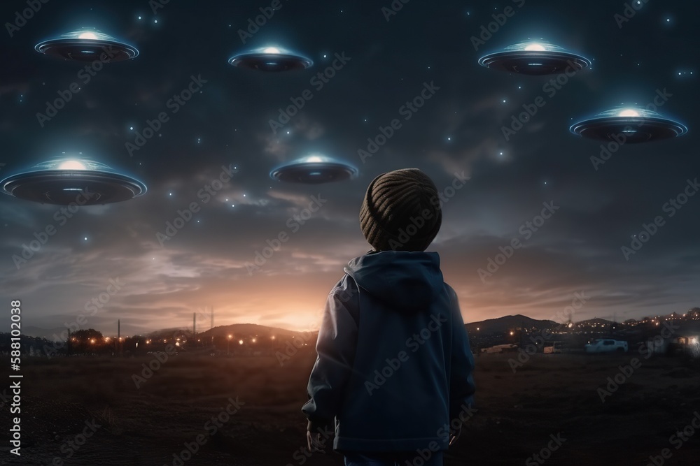 Back view of little boy looking at alien invasion, many UFO flying in ...