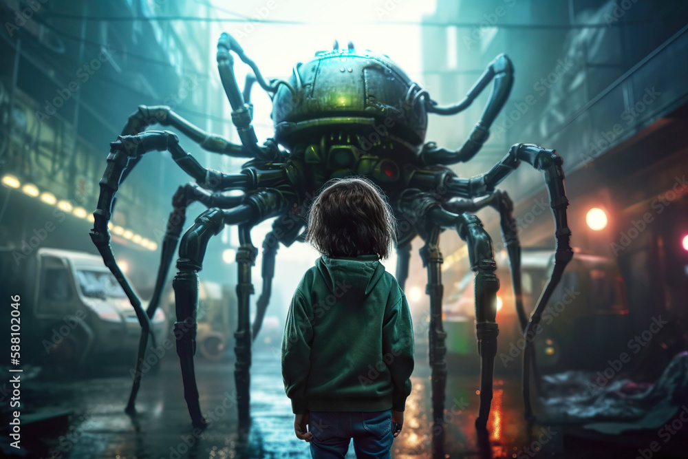 Arachnophobia. Little kid standing in street in front of giant evil ...