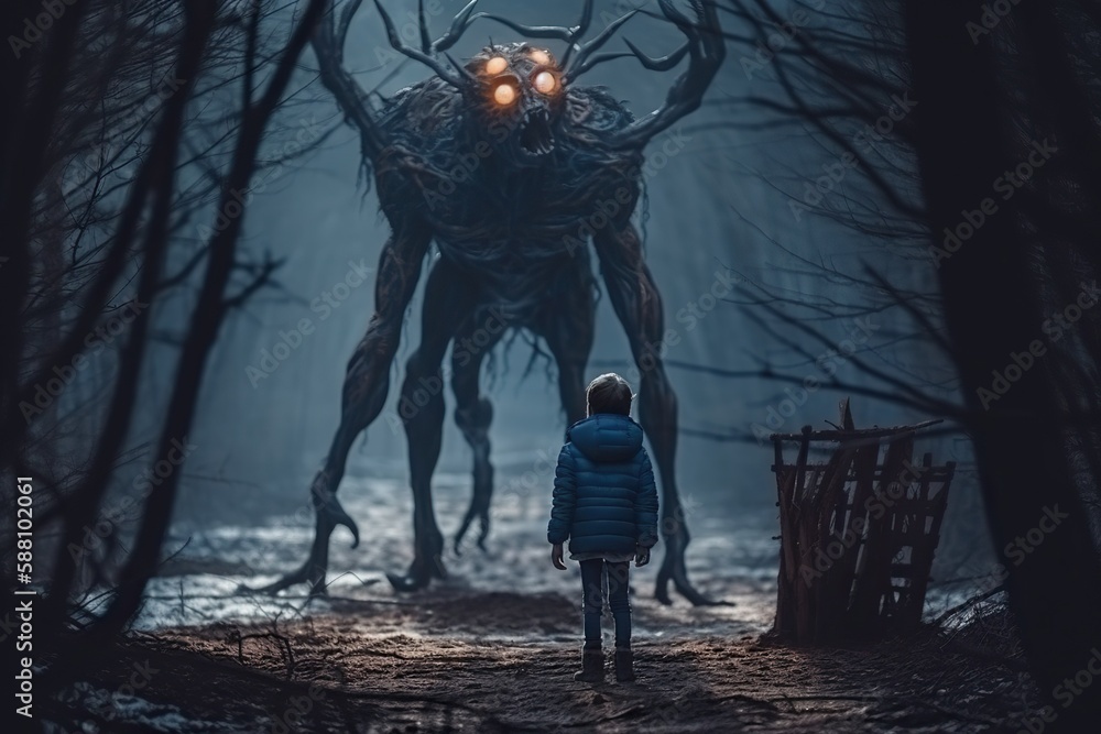 Wendigo monster in the woods, little kid standing in front of his fear ...