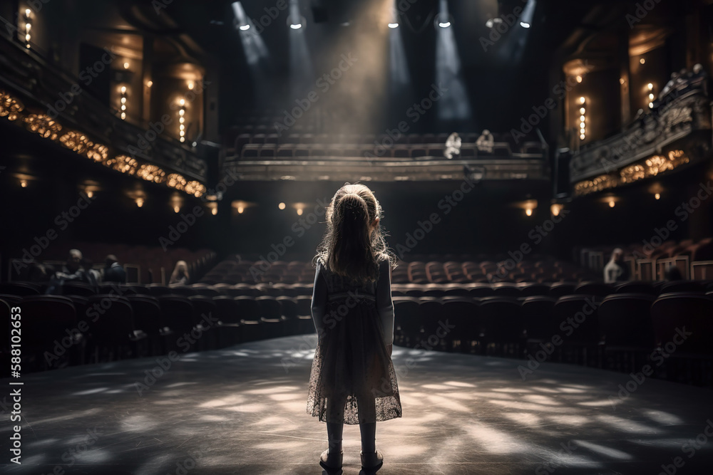 Back view of little girl standing in ray of light on the stage of empty ...