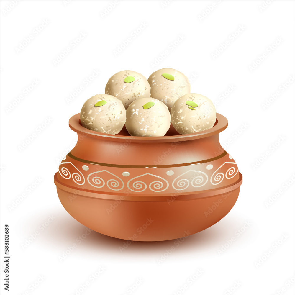 Clay pot (handi) with traditional Indian sweets rasgulla (rosogulla ...