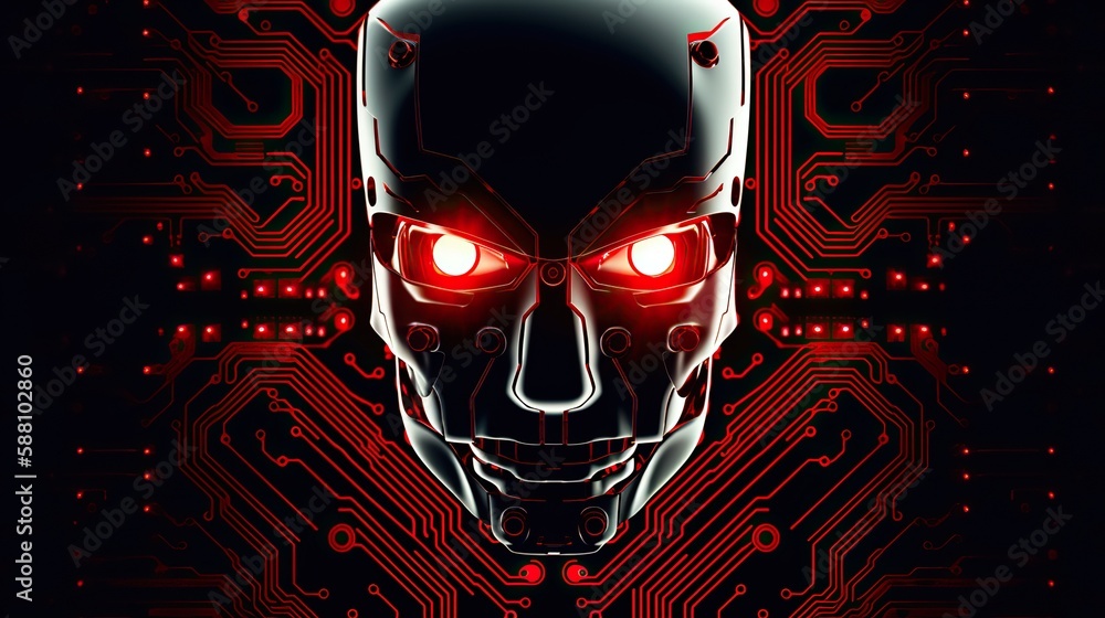 Evil AI face on microchip circuit board. Danger of strong artificial ...