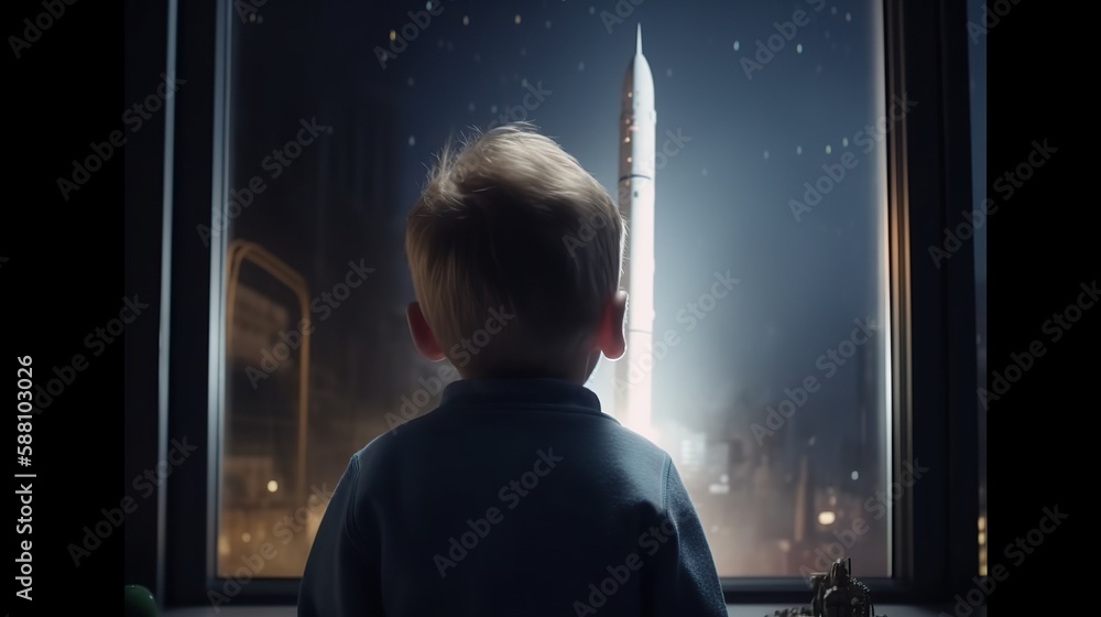 Little boy watches rocket launch on Cape Canaveral through the window ...
