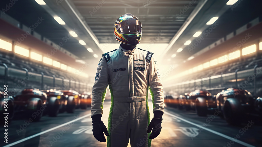 Portrait of formula one pilot wearing helmet, F1 driver standing on ...