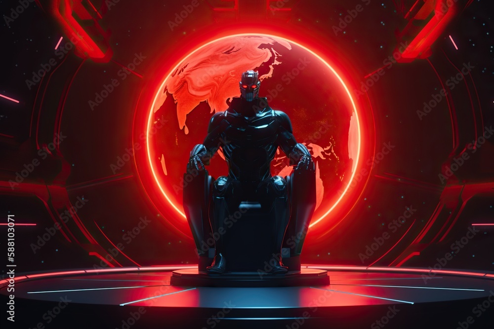 AI takeover concept. Evil robot rules the world, sitting on red throne ...