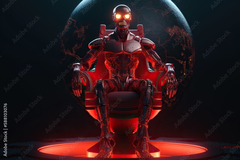 Evil robot rules the world, sitting on red throne, nightmare scenario ...