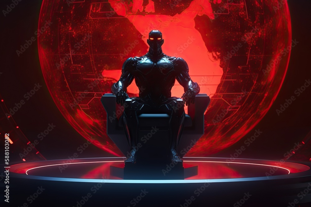 Evil robot rules the world, sitting on red throne, nightmare scenario ...