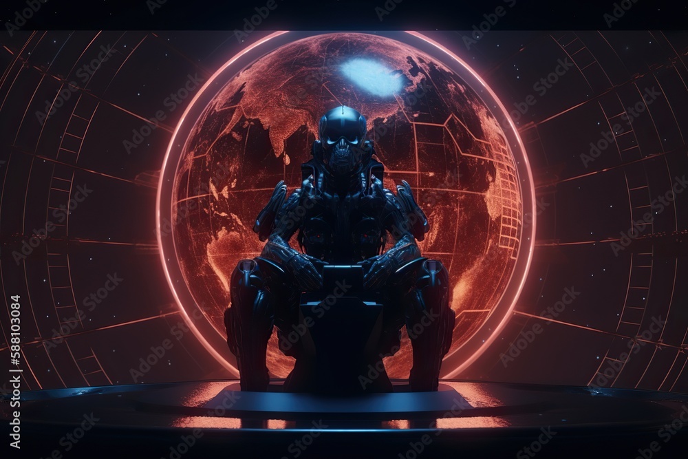 AI takeover concept. Evil robot rules the world, sitting on red throne ...