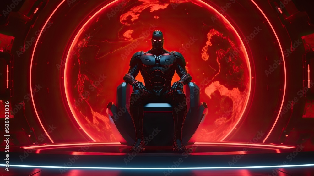 Evil robot rules the world, sitting on red throne, nightmare scenario ...