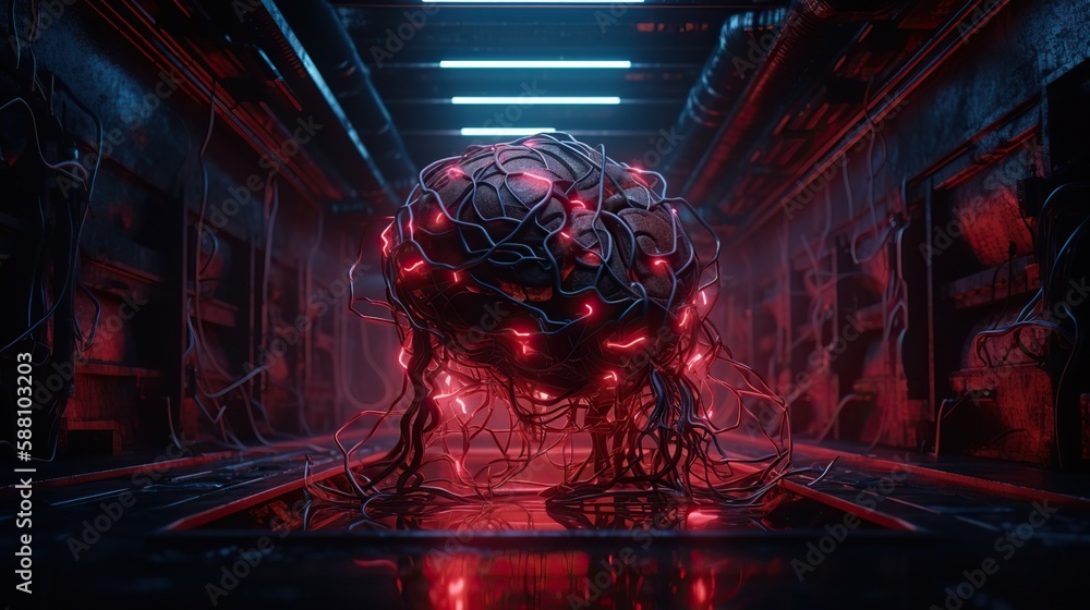 Evil AI brain in data center. Danger of strong artificial intelligence ...