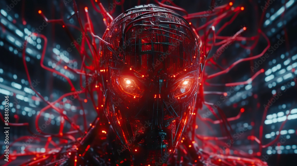 Evil robot head with glowing red eyes in data center. Danger of strong ...