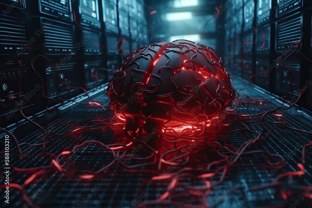 Evil AI brain in data center. Danger of strong artificial intelligence ...