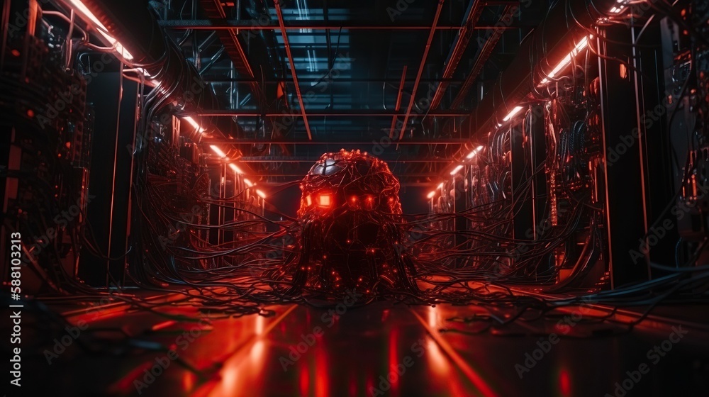 Evil AI brain in data center. Danger of strong artificial intelligence ...