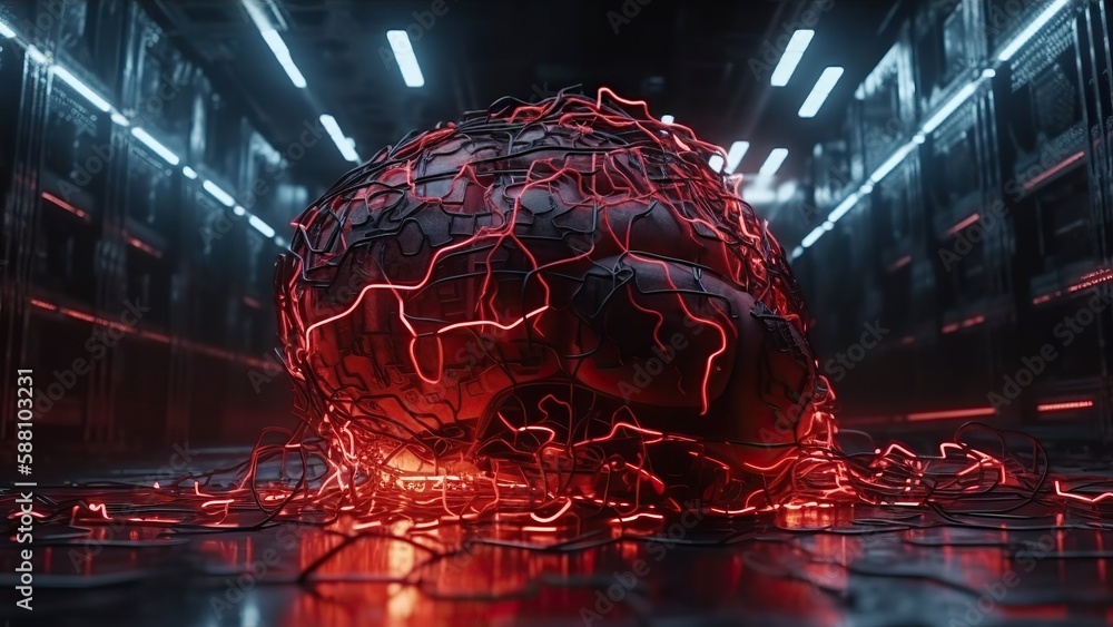 Evil AI brain in data center. Danger of strong artificial intelligence ...