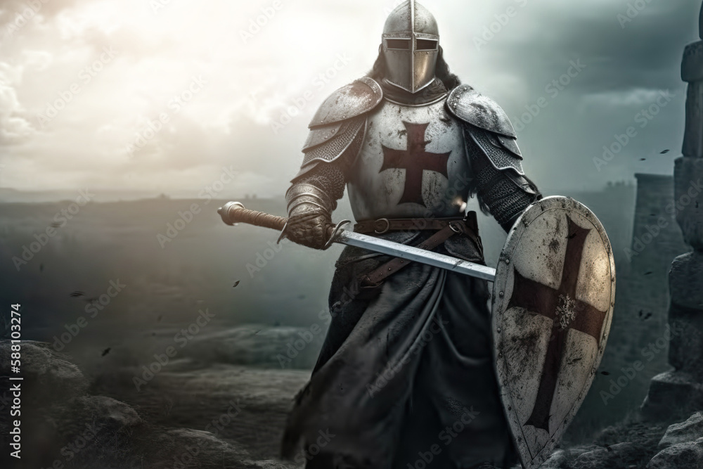 Portrait of knight templar, medieval warrior wearing helmet, standing ...