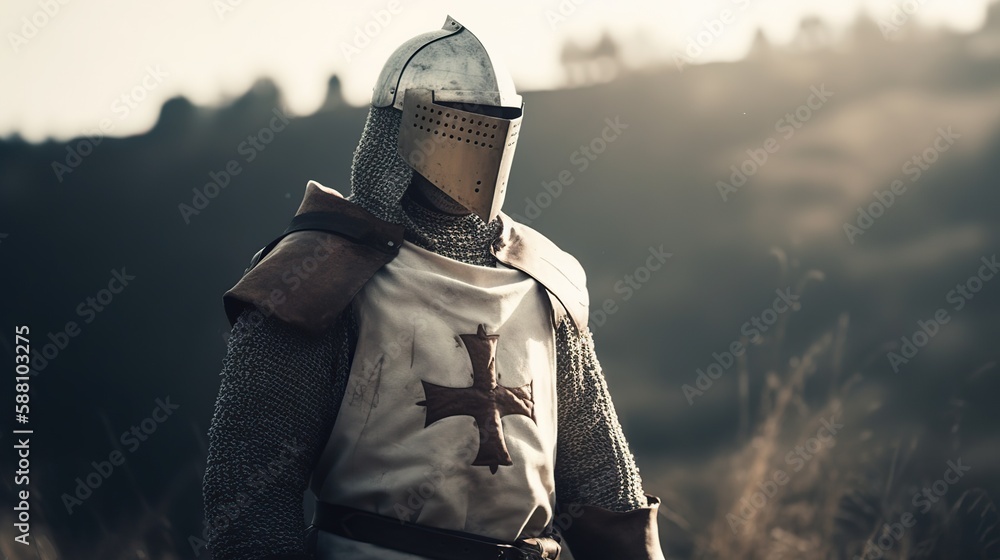 Portrait of knight templar, medieval warrior wearing helmet, standing ...