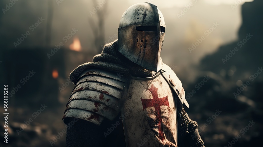 Portrait of knight templar, medieval warrior wearing helmet, standing ...