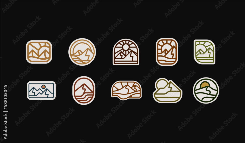 Mountain travel emblems set. Camping outdoor adventure emblems, badges ...