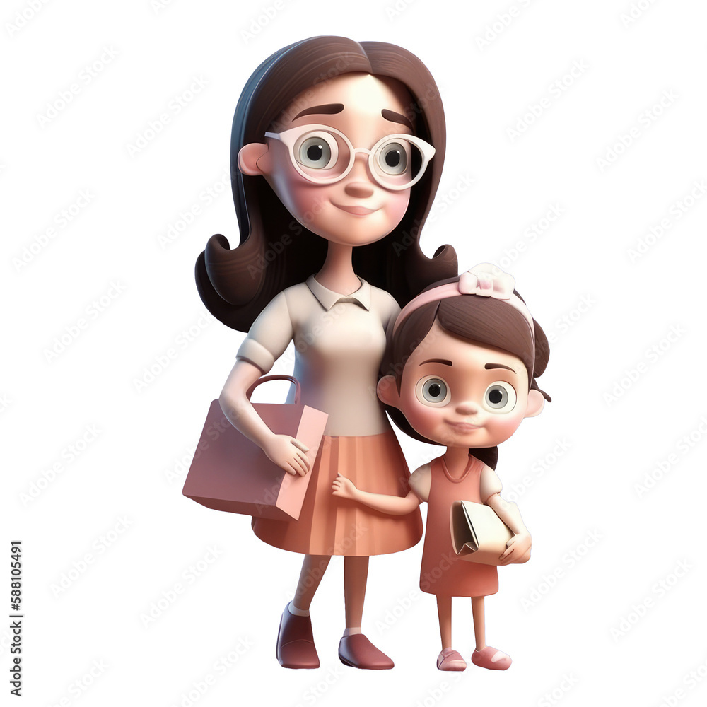 3d icon cute Little girl hug her mother. Mom and daughter love as ...