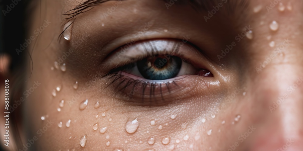 Drops of sweat close-up on womans forehead, concept of Perspiration and ...
