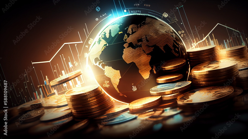 Financial information on country background, stacks of coins with ...