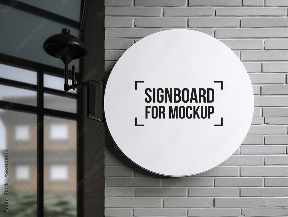 Circle round white signboard on the wall outdoor, mock up for logo ...