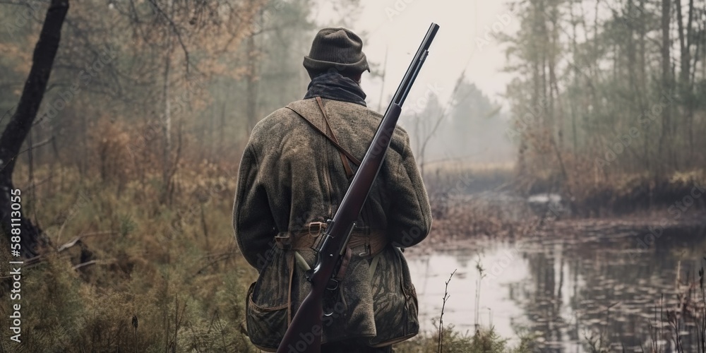 hunter standing in swamp in forest and holding in his hand an old ...