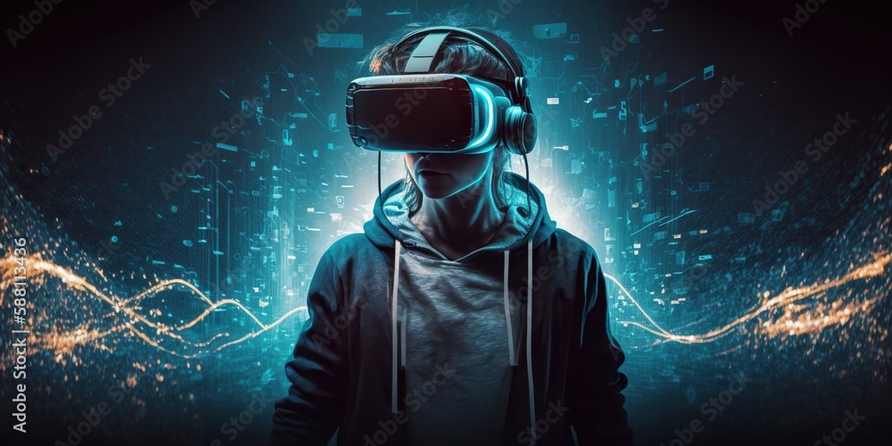 Person wearing vr headset immersed in futuristic virtual environment ...