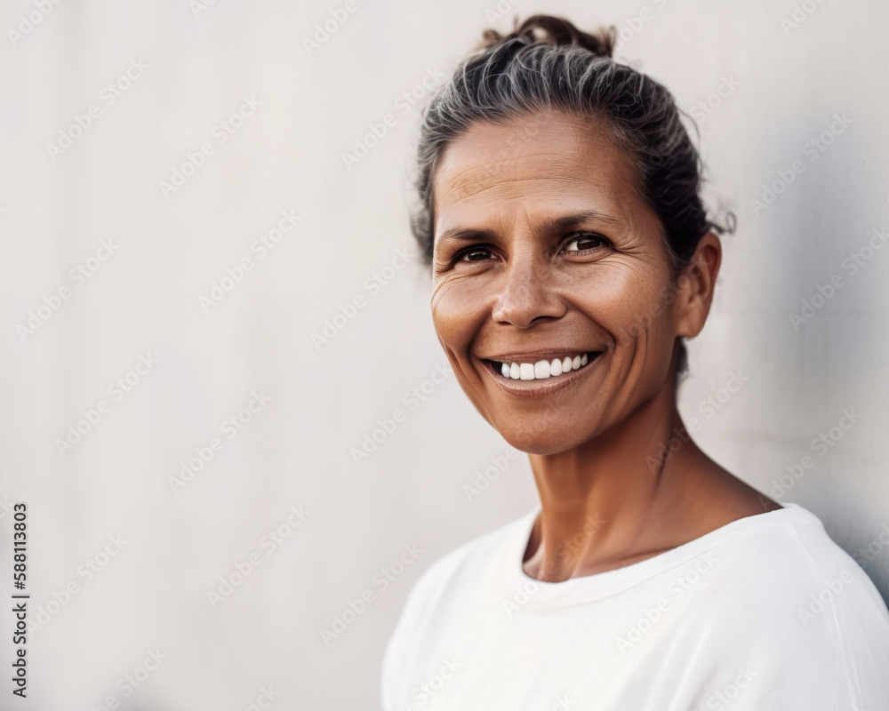 Smiling 40 Year Old Woman With Hair Tied Up Standing In Front Of A smiling-40-year-old-woman-with-hair-tied-up-standing-in-front-of-a