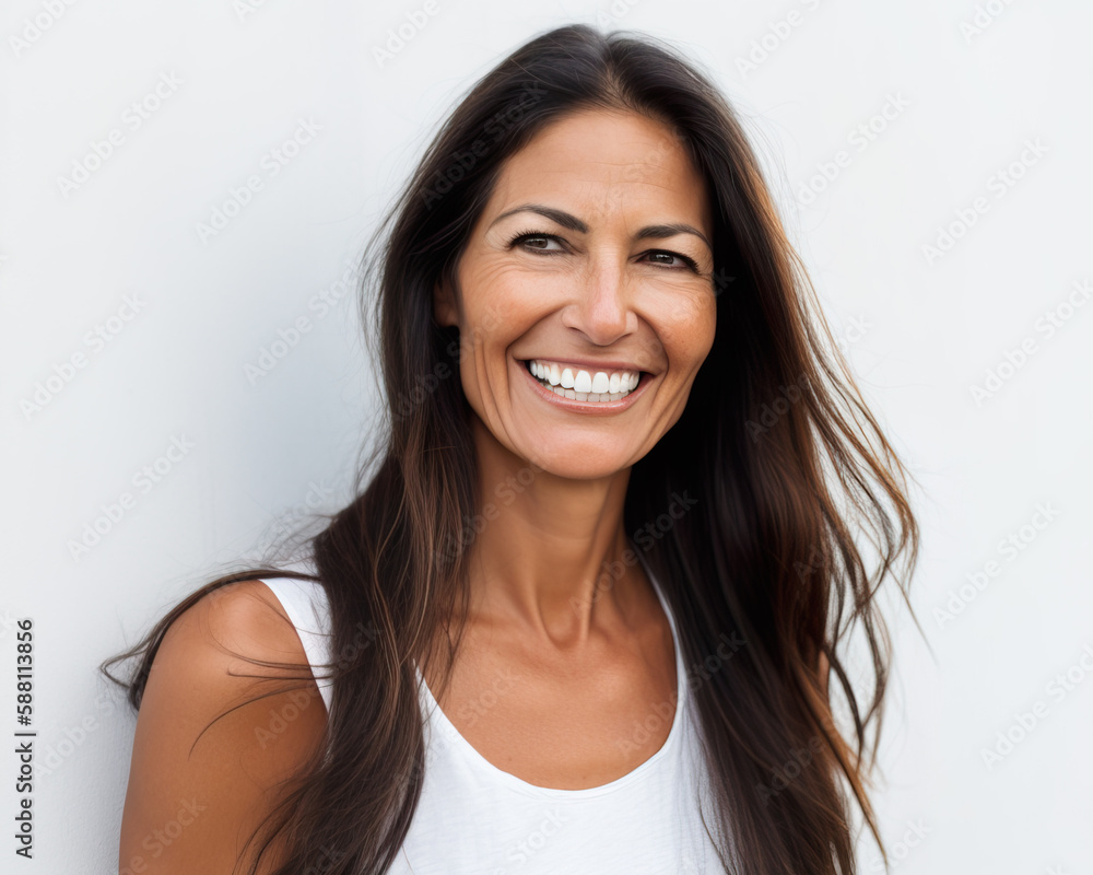 Smiling 40 year old American woman standing in front of a white wall ...