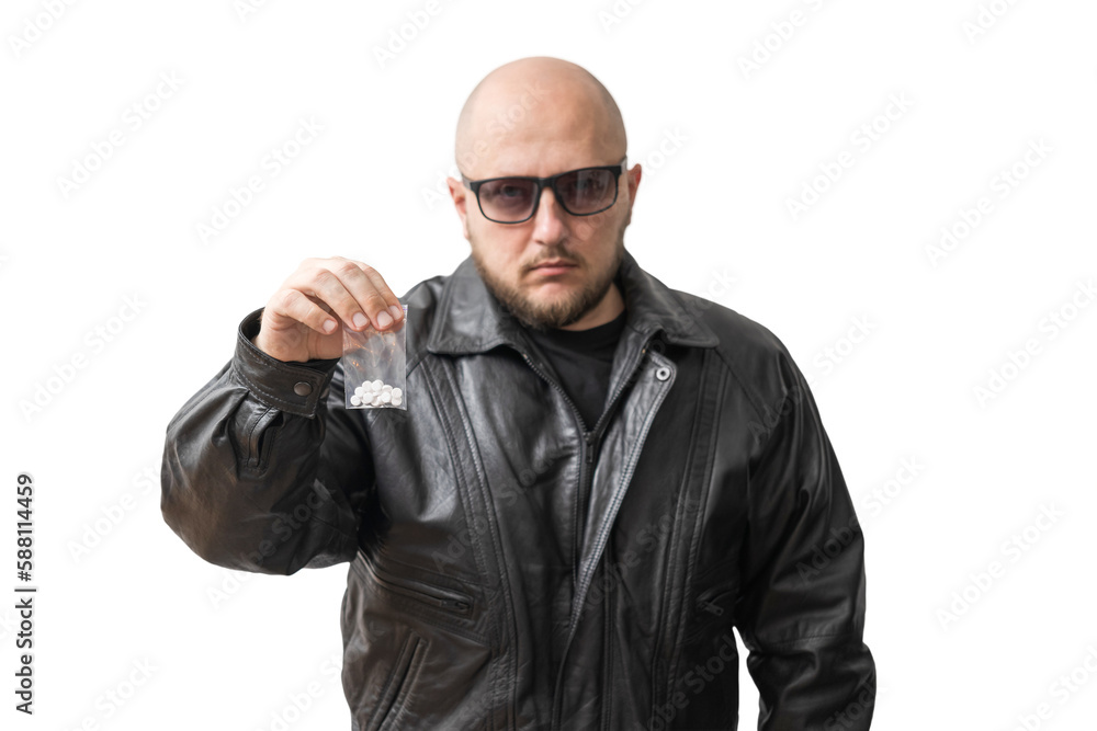 Dangerous bald man in black leather jacket and sunglasses holding ...