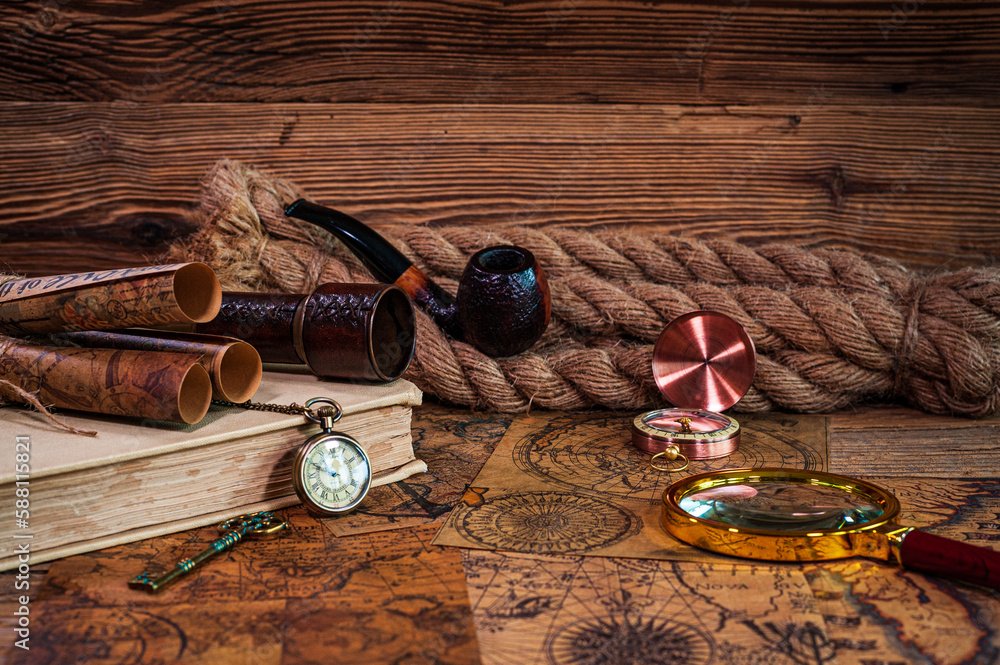 Old objects, book, magnifying glass, compass, pocket watch, spyglass ...