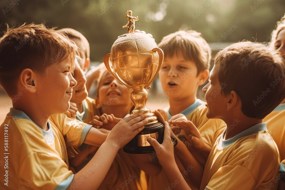 Children playing football and cheering after winning a match. Holding ...