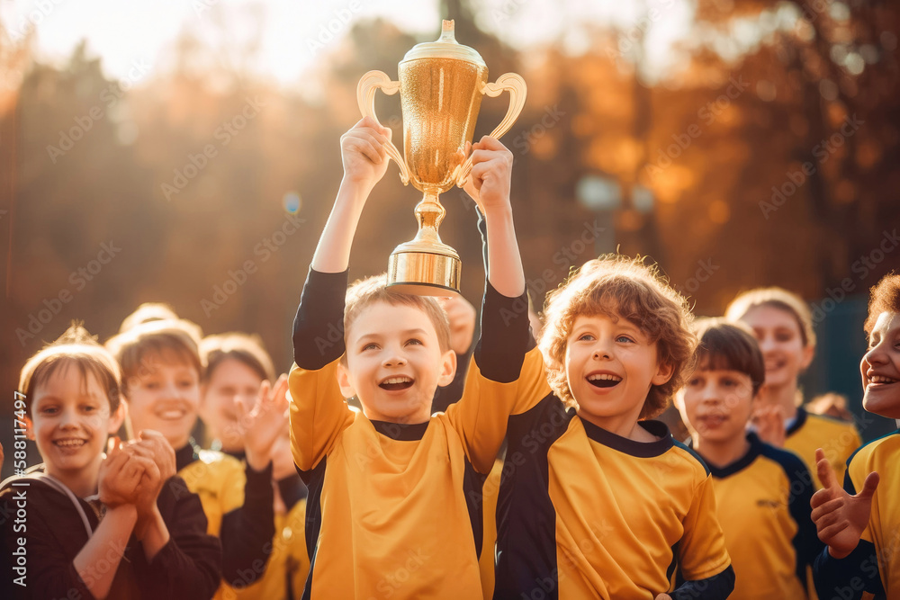 Children playing football and cheering after winning a match. Holding ...