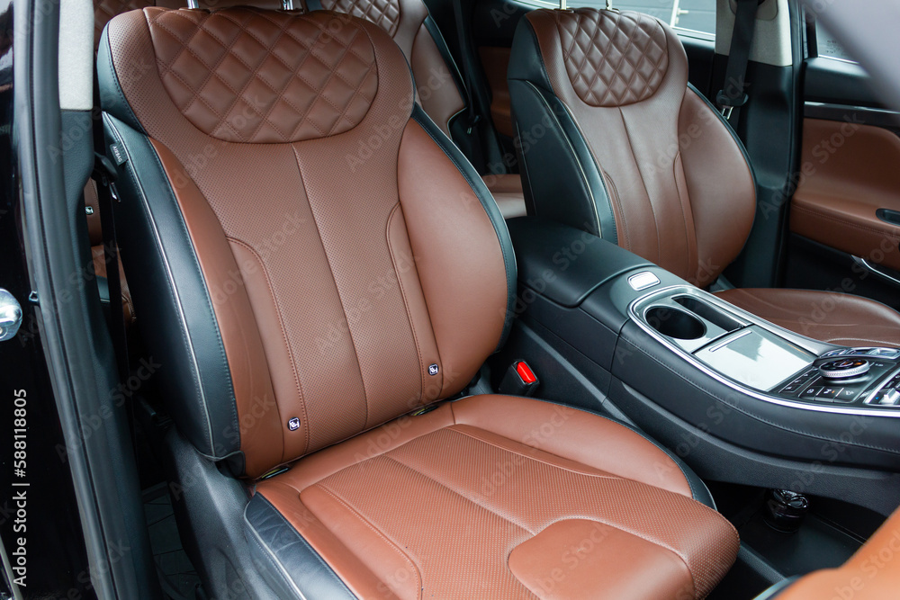 Leather interior of a premium car. The interior of a modern car. Stock ...