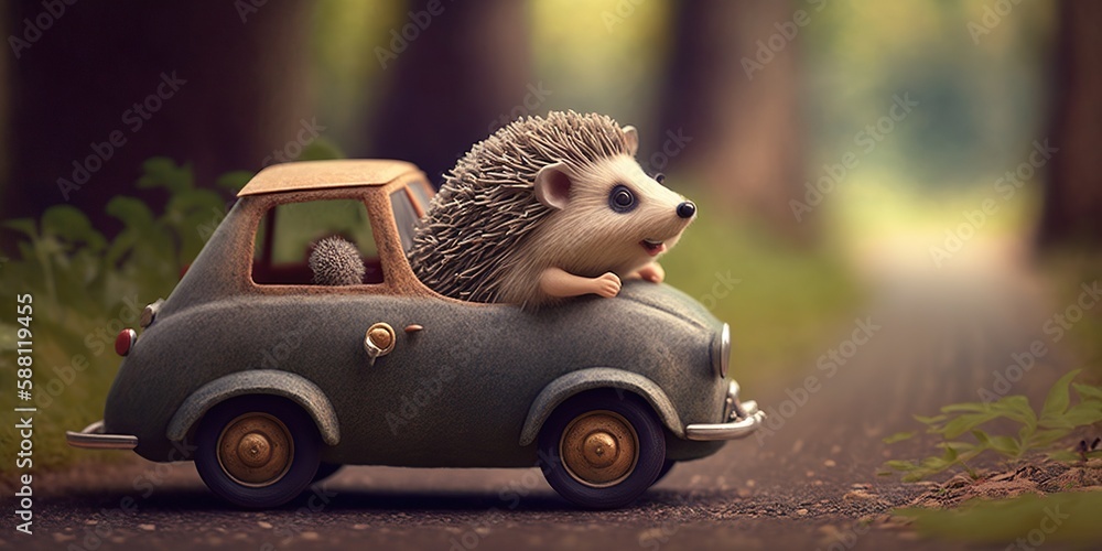 Hedgehog driving miniature car looking like on road trip or running ...