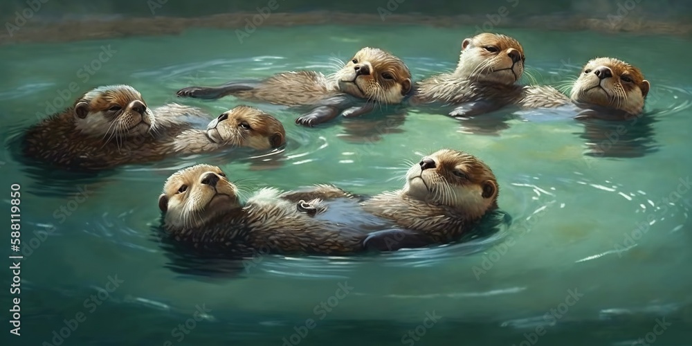 Group of otters floating on their backs in pool holding hands and ...