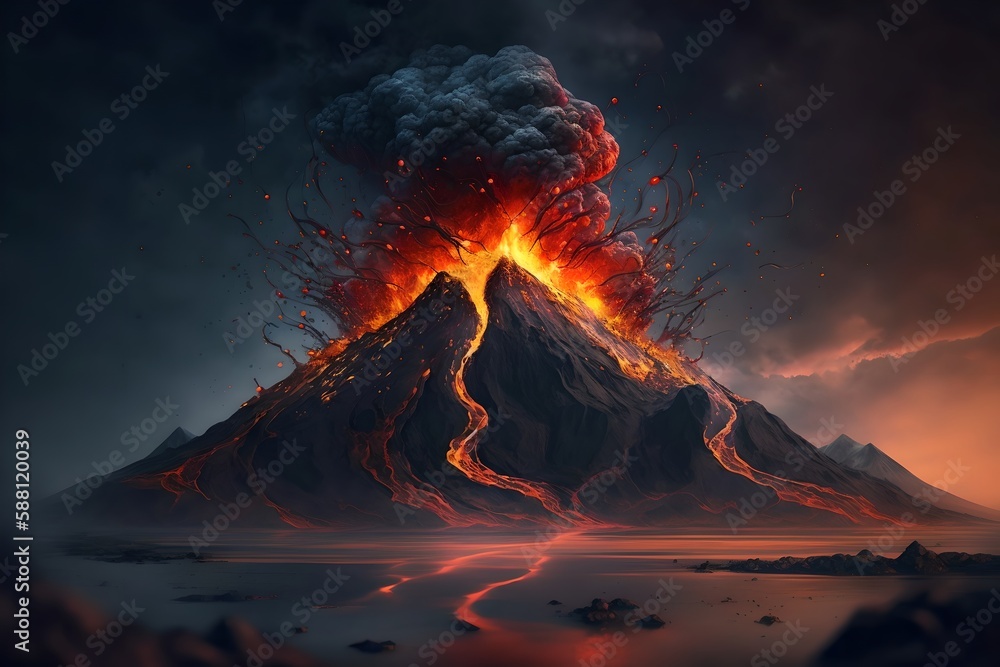 Volcano erupting, earthquake and natural disaster, huge smoke cloud and ...