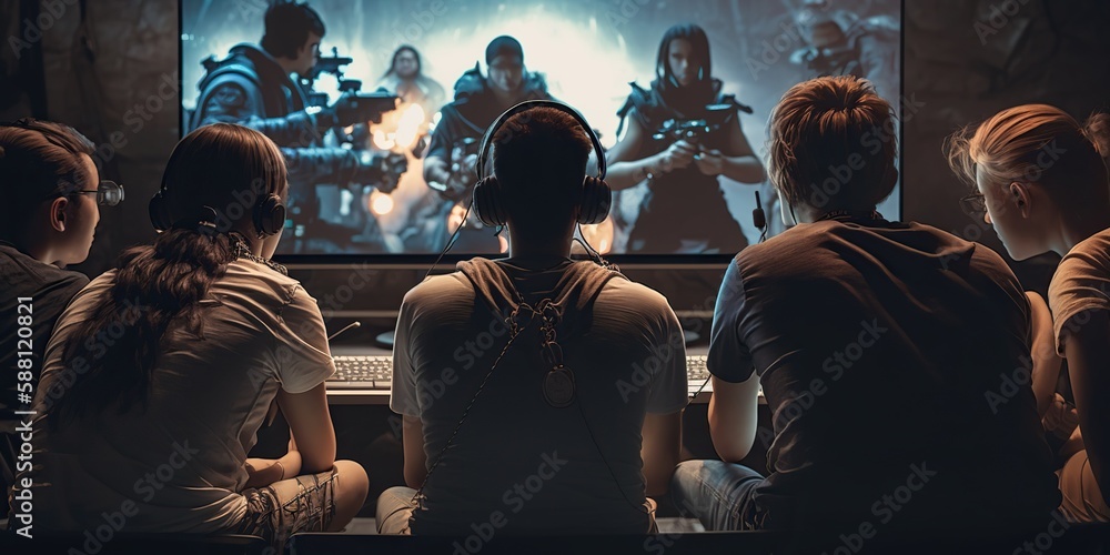 Group of gamers sitting in front of large screen intensely focused on ...