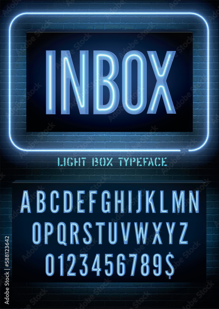 Inbox sign with blue neon box alphabet on dark brick wall background ...