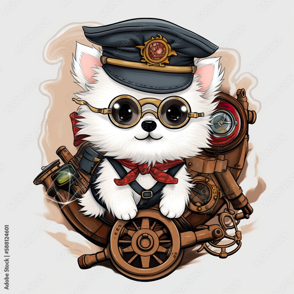 Cute white dog in steampunk submarine, u-boat, cartoon chibi style, AI ...