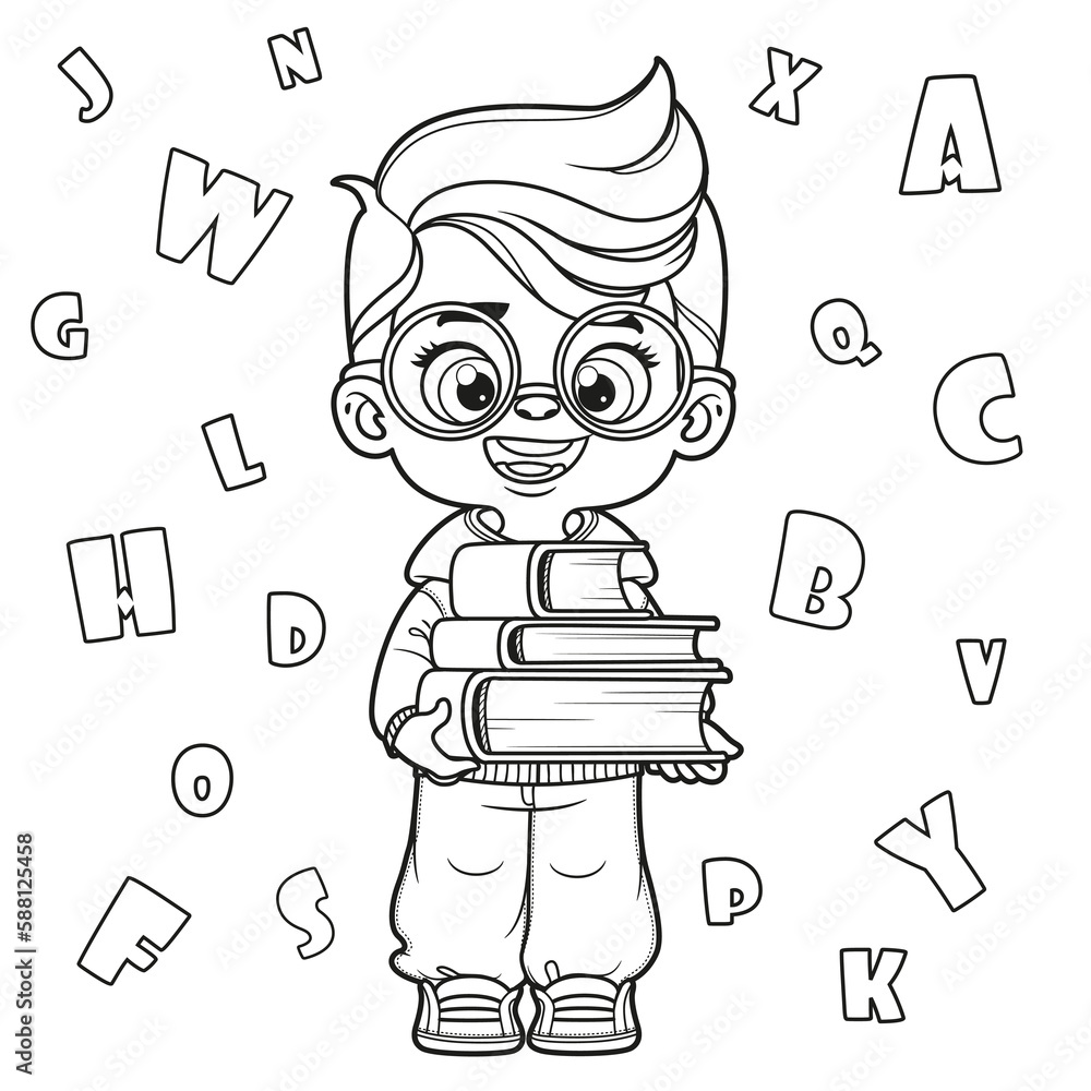 Cute cartoon spectacled boy holding the stack of books outlined for ...