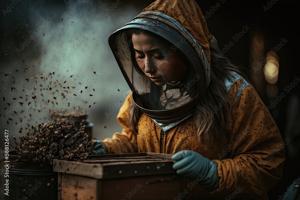 Beekeeper at Work: Female Beekeeper Opening Up Her Hive with Busy Bees ...