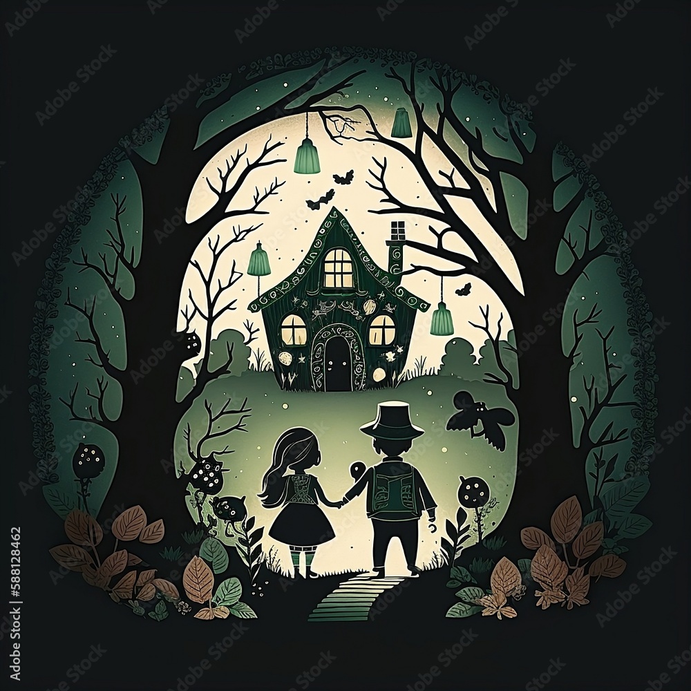 Magical and whimsical illustration of Hansel and Gretel lost in the ...