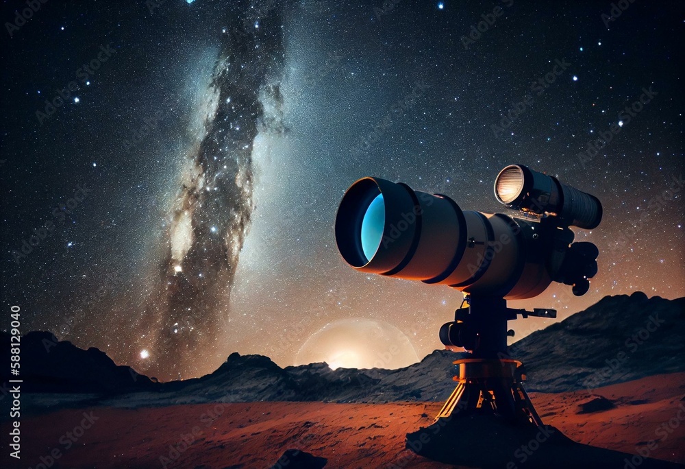 Astronomical telescope and equipment for observing stars, Milky way and ...