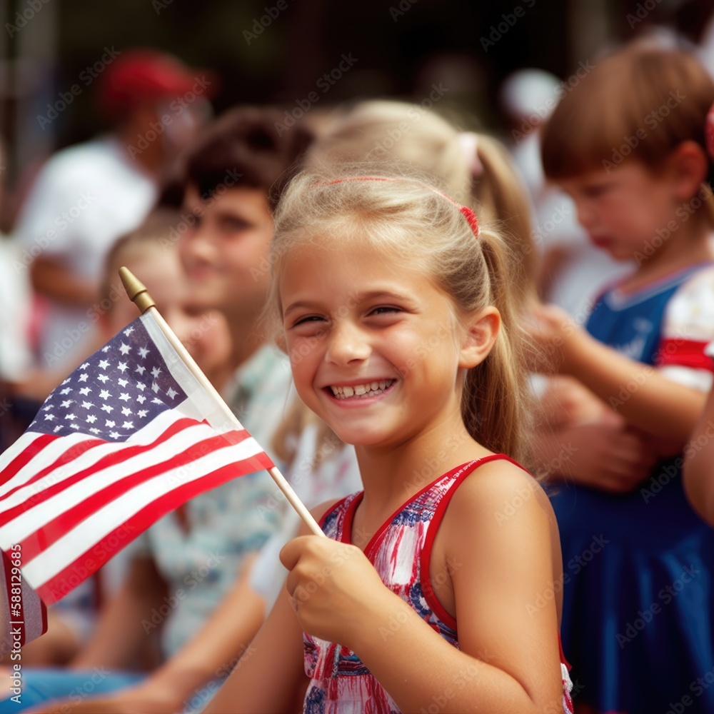 Smiling little girl waving a US flag at a parade. Generative AI Stock ...