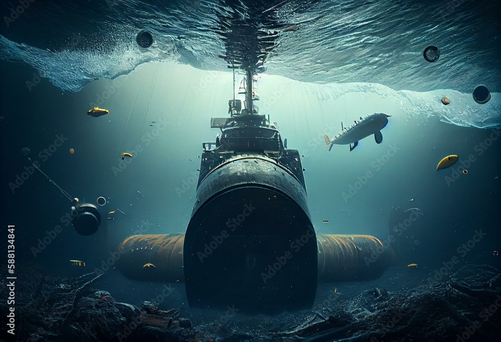 Submarine ship approaching a underwater damaged pipeline leaking in the ...