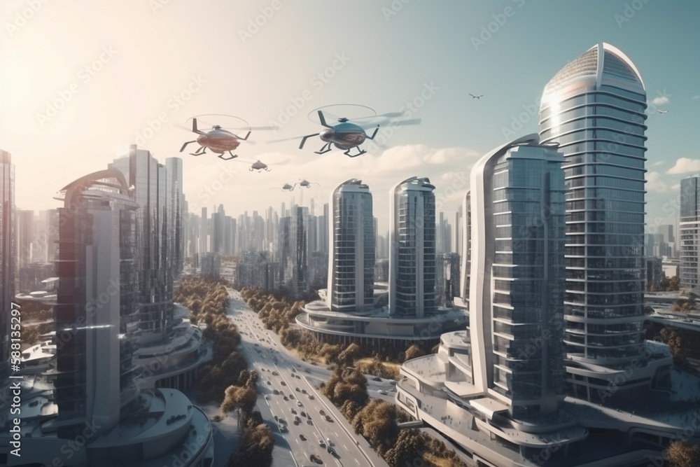Futuristic smart city with towering buildings, smart transportation and ...