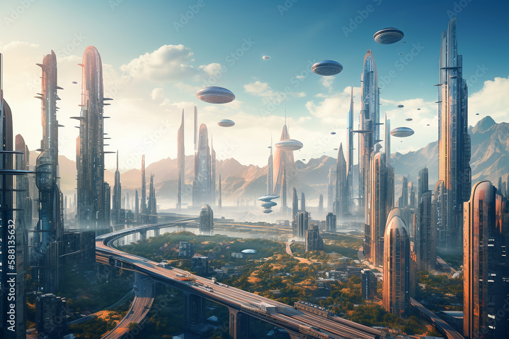 Futuristic smart city with towering buildings, smart transportation and ...